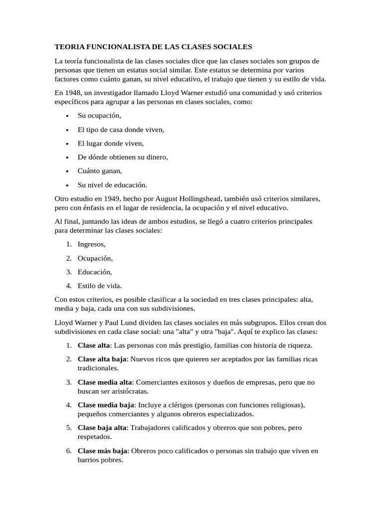 TEORIA FUNCIONALISTA DE LAS CLASES SOCIALES Explicacion Sencilla | PDF ...
