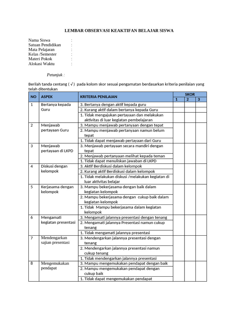 Observasi Keaktifan Belajar Siswa | PDF
