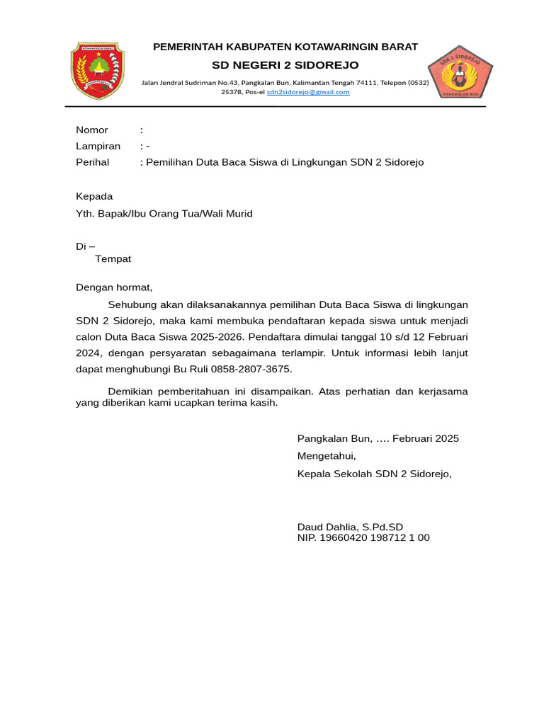 Pendaftaran Duta Baca SDN 2 Sidorejo 2024 | PDF