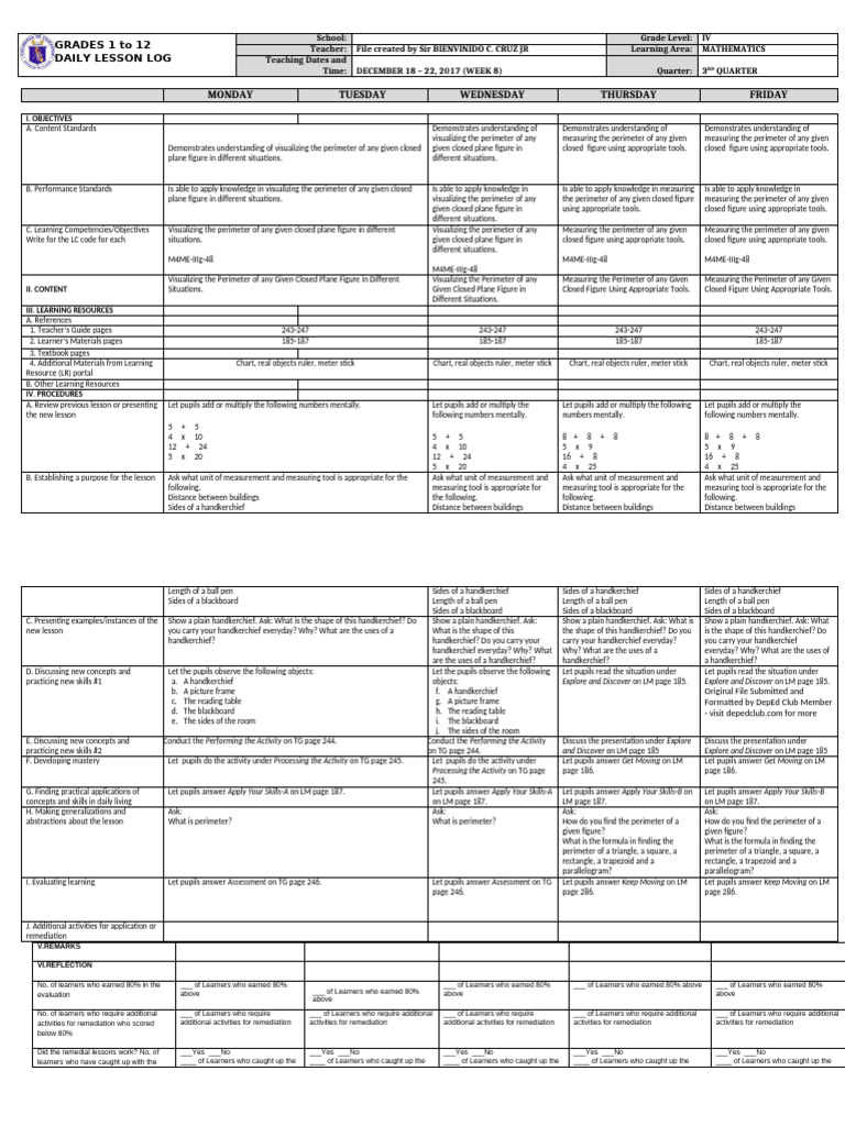 DLL_MATHEMATICS 4_Q3_W8 | PDF | Behavior Modification | Cognition