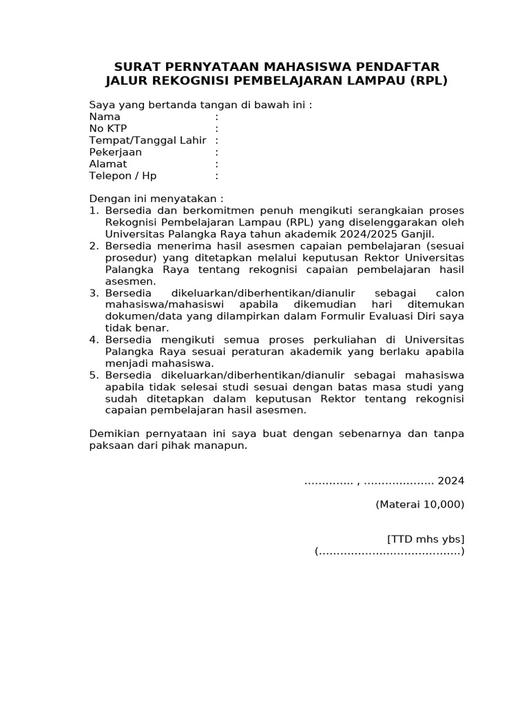 Surat Pernyataan Mahasiswa RPL | PDF