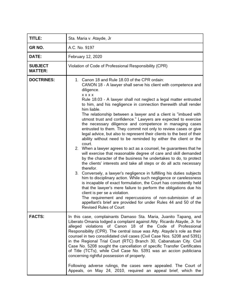 Sta. Maria v. Atayde, Jr Case Digest | PDF | Negligence | Lawsuit