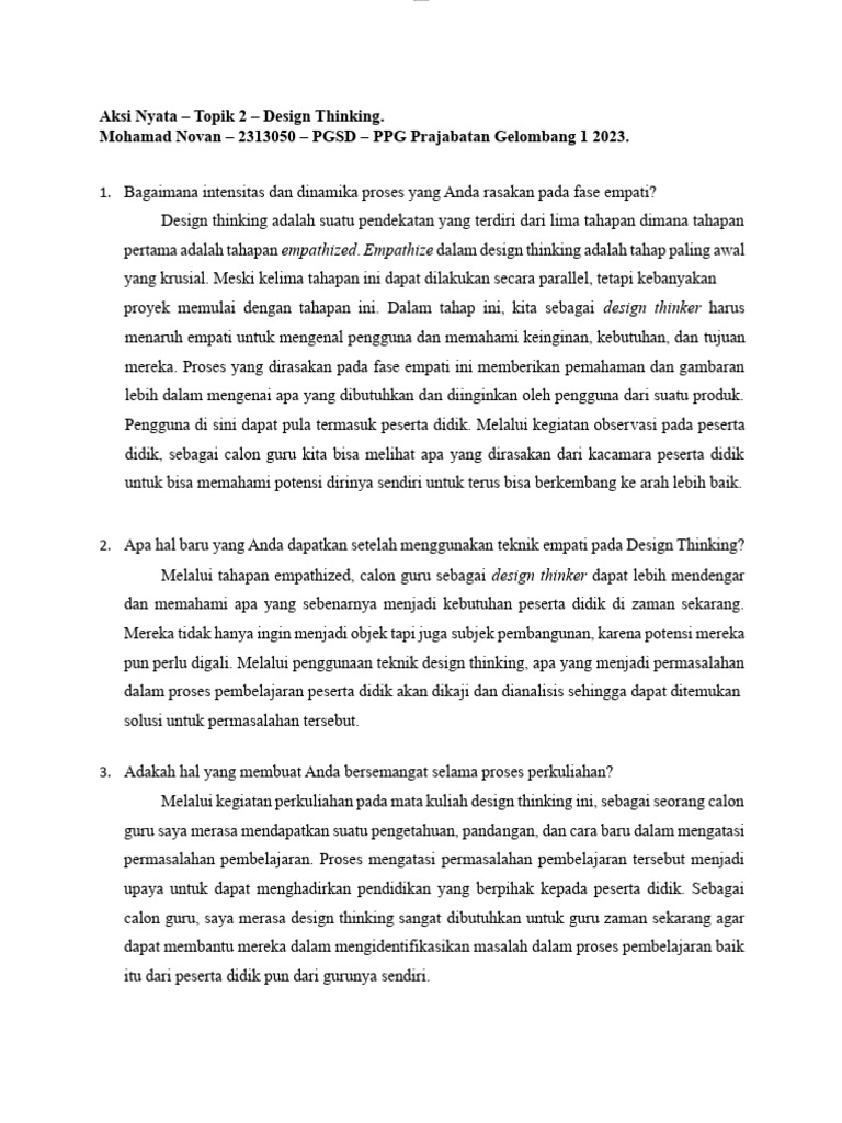 Aksi Nyata - Topik 2 - Design Thinking - Mohamad Novan | PDF