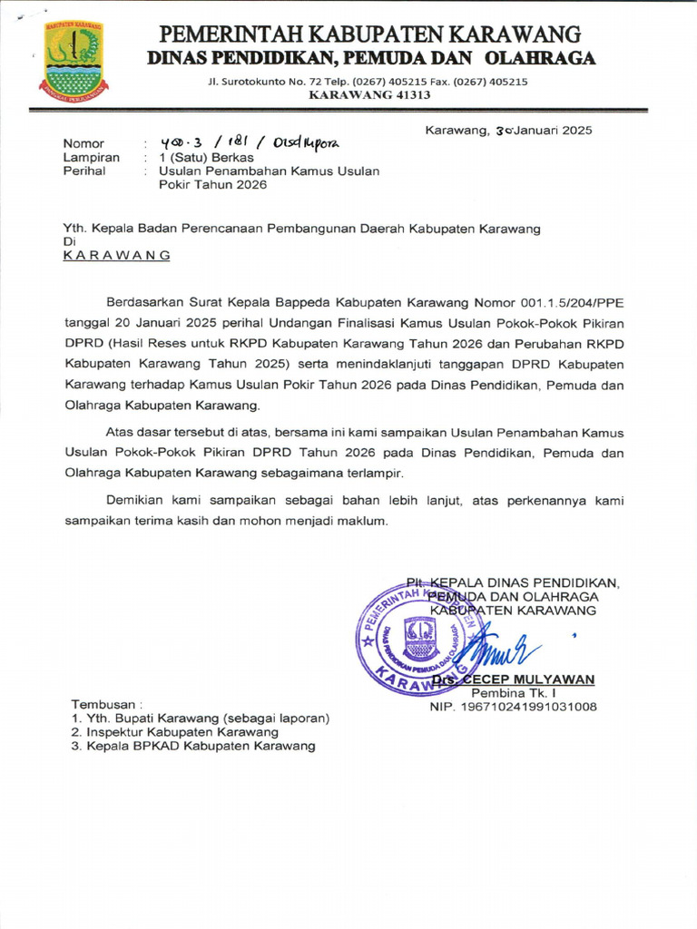Pengantar Tambahan Kamus Usulan Pokir 2026 - Disdikpora 23012025 TTD ...