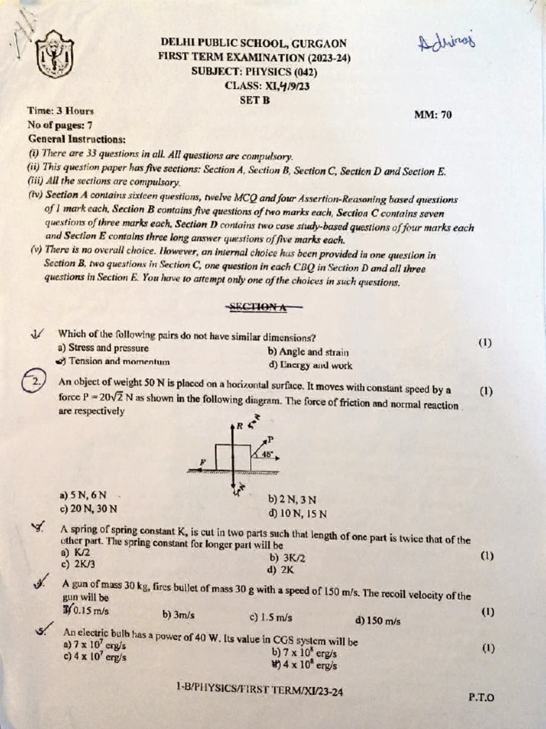 DPS 45 Physics HY Exam | PDF | Force | Weight