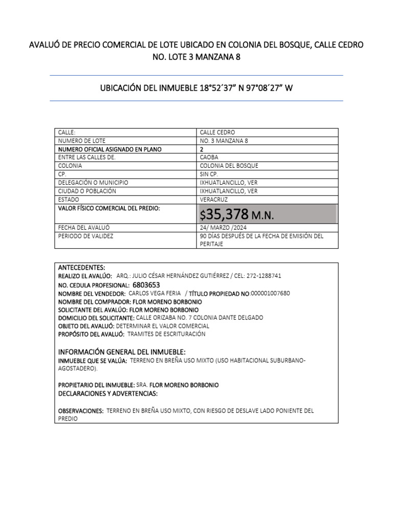 Avalúo Lote en Colonia del Bosque | PDF