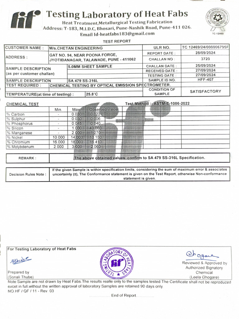 SS316L Test Report Given by Chetan | PDF