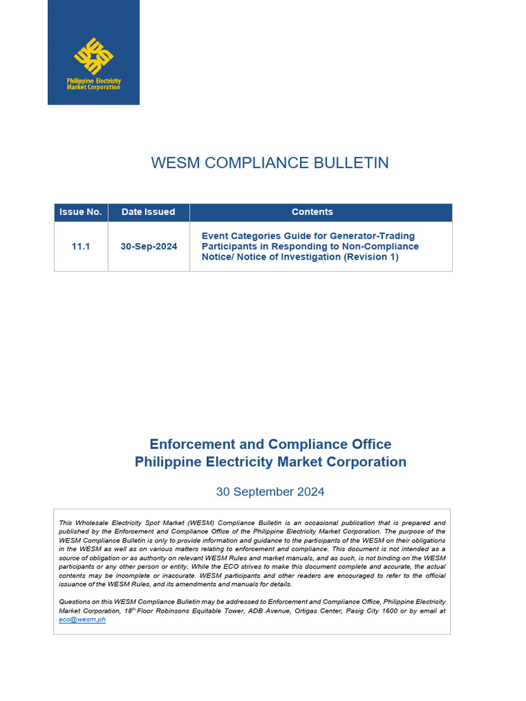 WESM Compliance Bulletin 11.1 Event Categories Rev1 1 | PDF ...