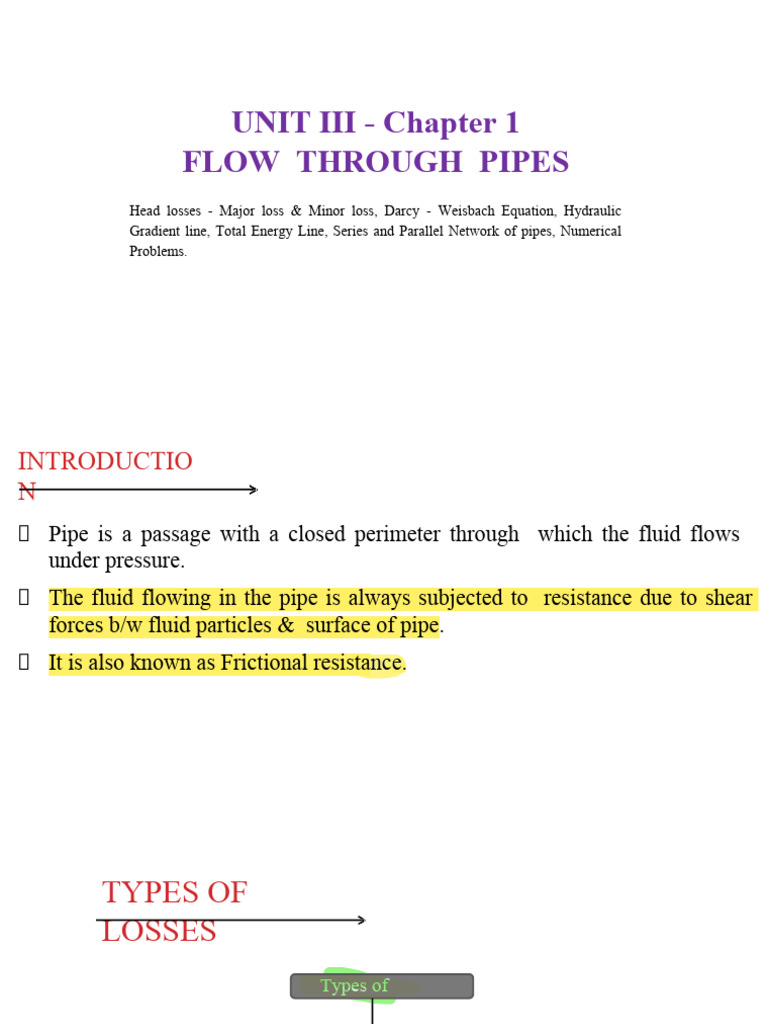 UNIT III - Chapter 1 Flow Through Pipes | PDF | Fluid Dynamics | Laminar Flow