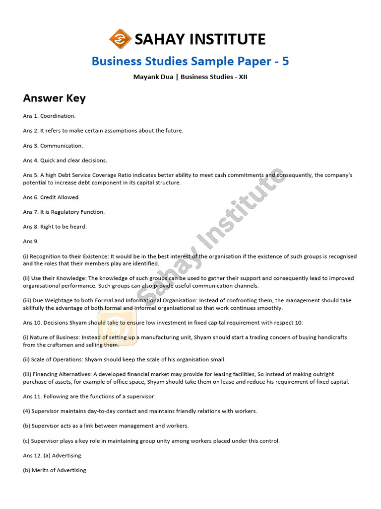Business Studies Sample Paper - 5 Answer Key | PDF | Marketing | Sales