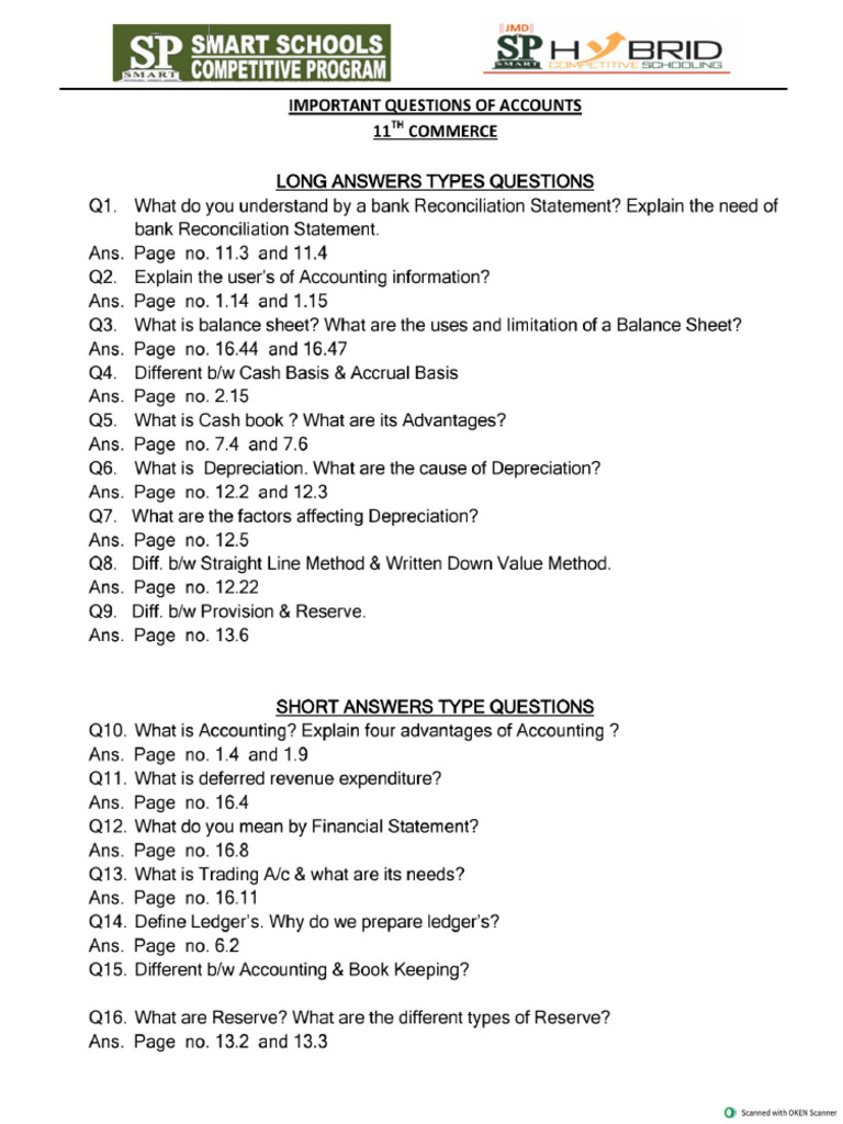 11th ACCOUNTANCY IMPORTANT QUESTIONS | PDF