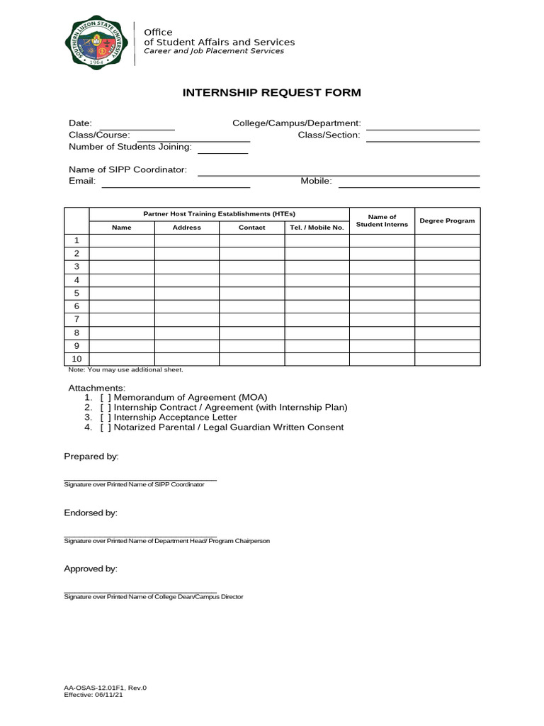 AA-OSAS-12.01F1, Rev.0 Internship Request Form | PDF