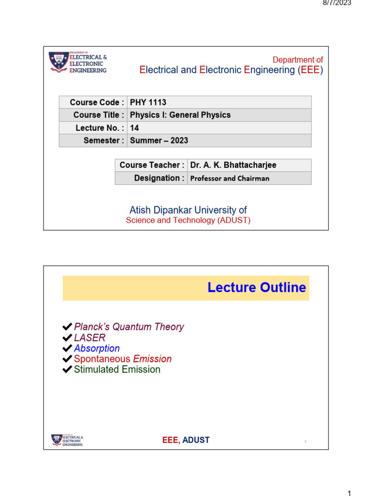 PHY 1113 Summer 2023 Lec Note 14 | PDF | Laser | Emission Spectrum