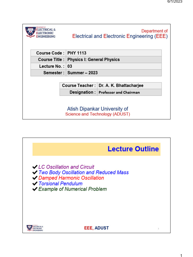 PHY 1113 Summer 2023 Lec Note 03 | PDF | Oscillation | Damping