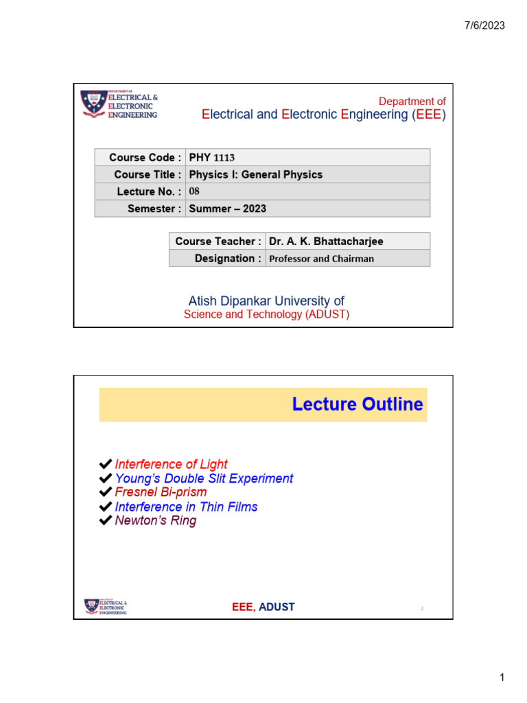 PHY 1113 Summer 2023 Lec Note 08 | PDF | Diffraction | Interferometry