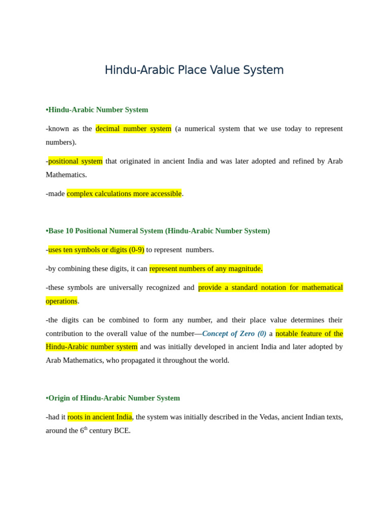 Hindu-Arabic Number System Overview | PDF | Numbers | Notation