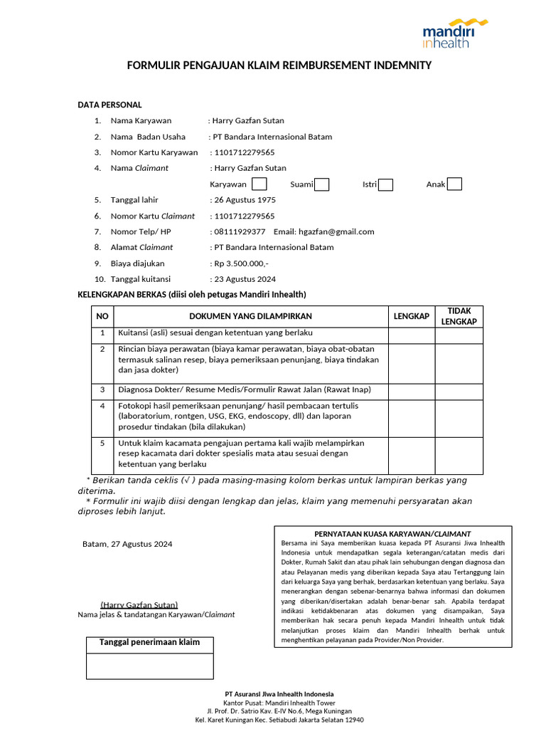 Formulir Pengajuan Klaim Idm | PDF