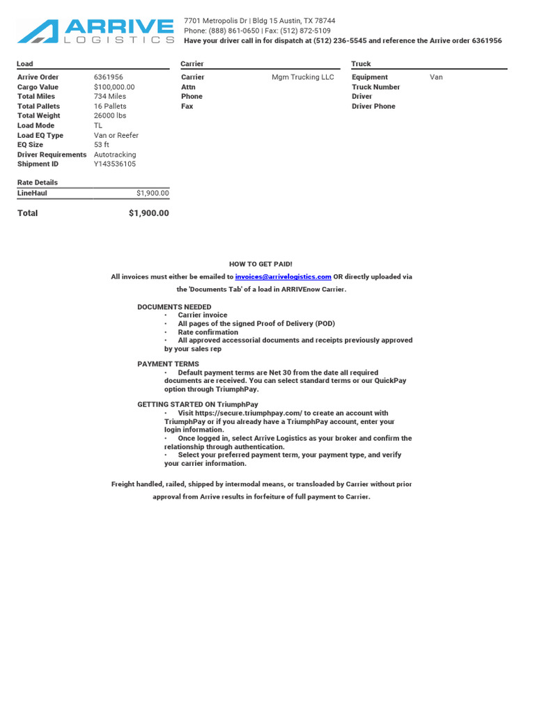 RateConfirmation 6361956 01032025 | PDF | Cargo | Logistics