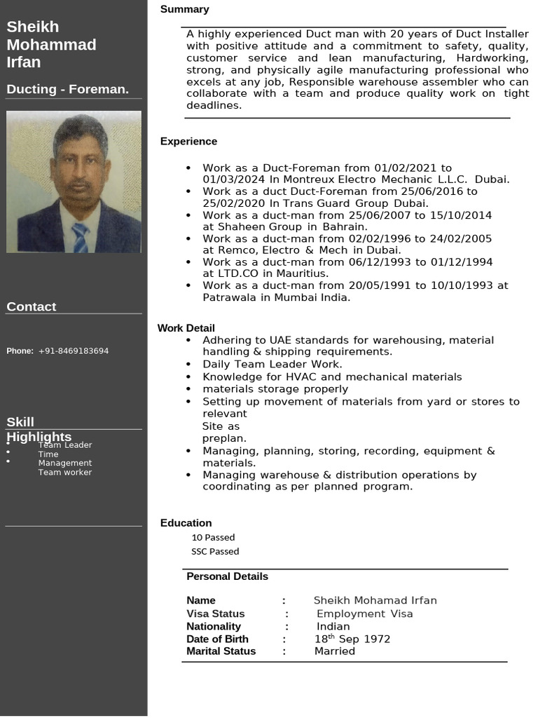 Experienced Duct Foreman Resume | PDF | Warehouse | Logistics