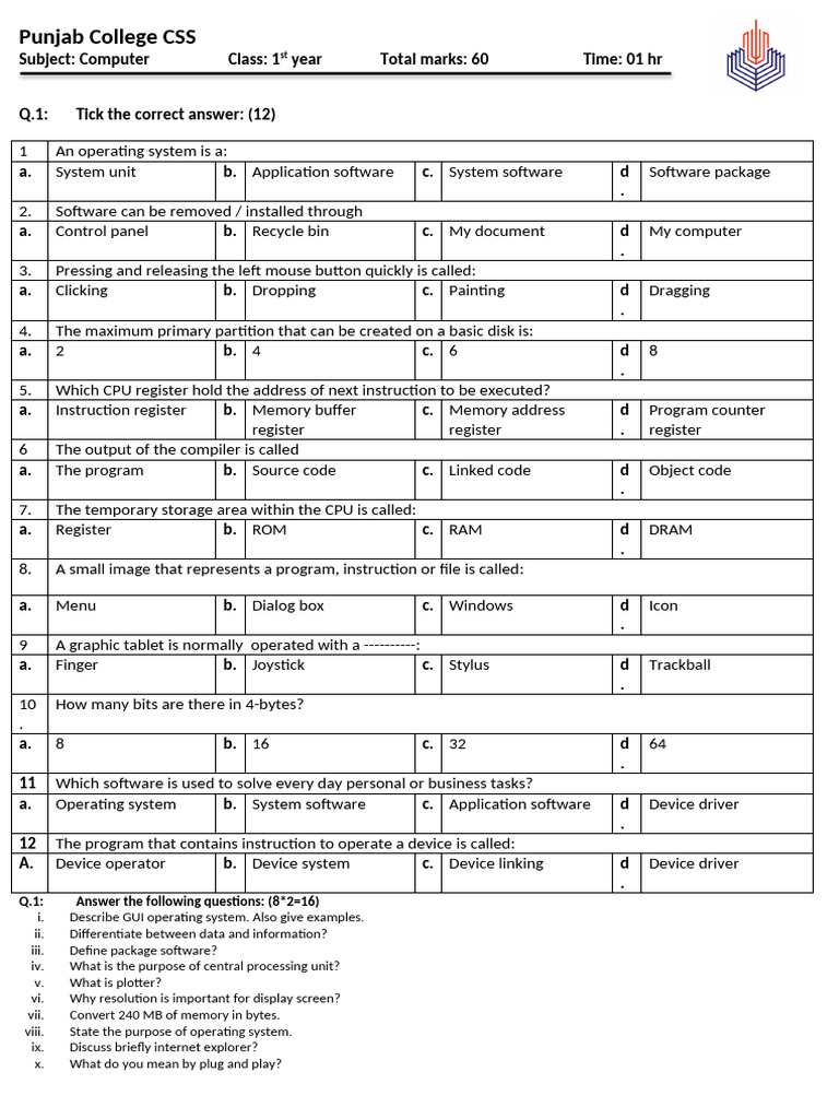 Computer 1st Year (PR-S) Chapter 1,5,7,10 | PDF | Operating System ...