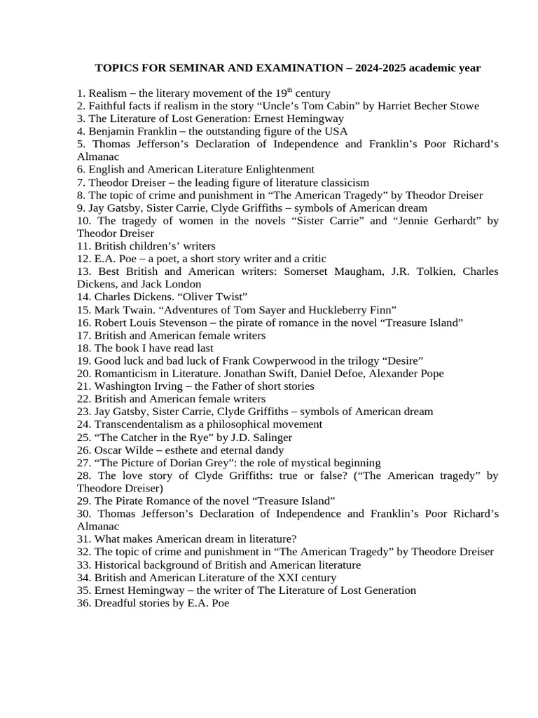 Seminar Topics: American & British Literature | PDF