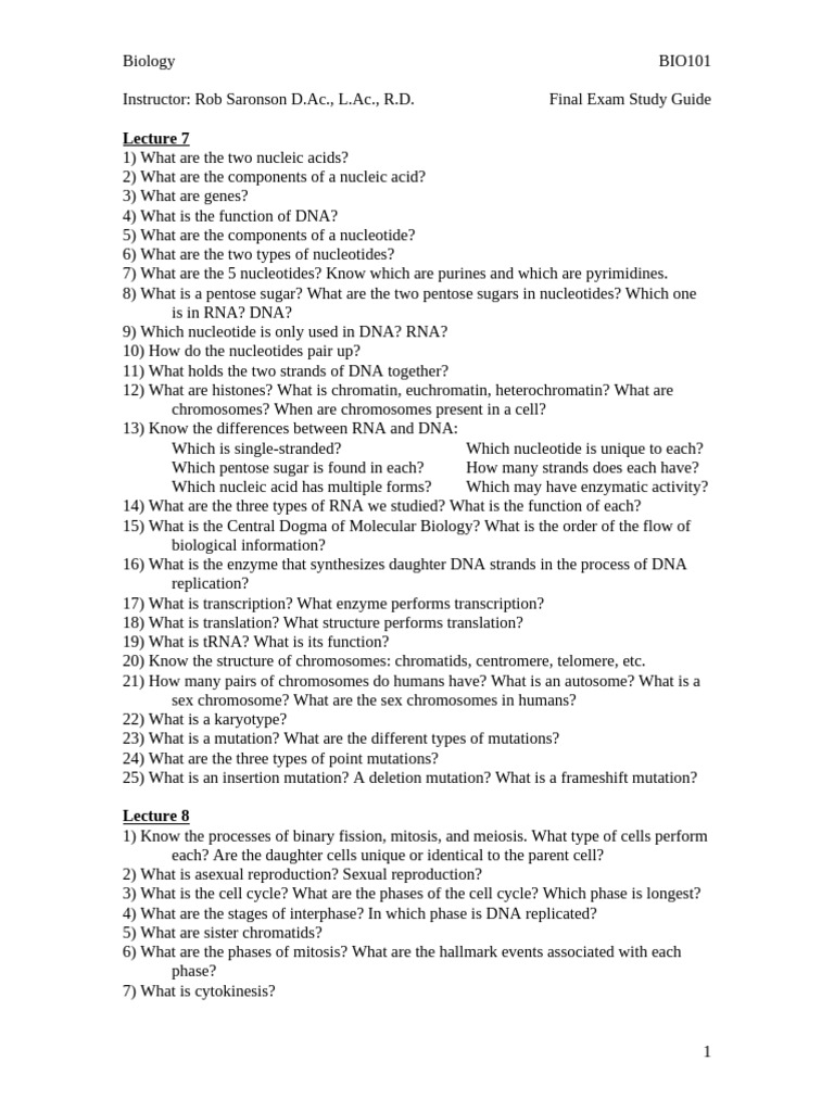 Biology Final Exam Study Guide | PDF | Dominance (Genetics) | Dna