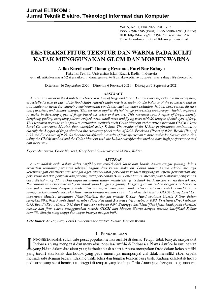 Ekstraksi Fitur Tekstur Dan Warna Pada Kulit Katak Menggunakan GLCM Dan ...