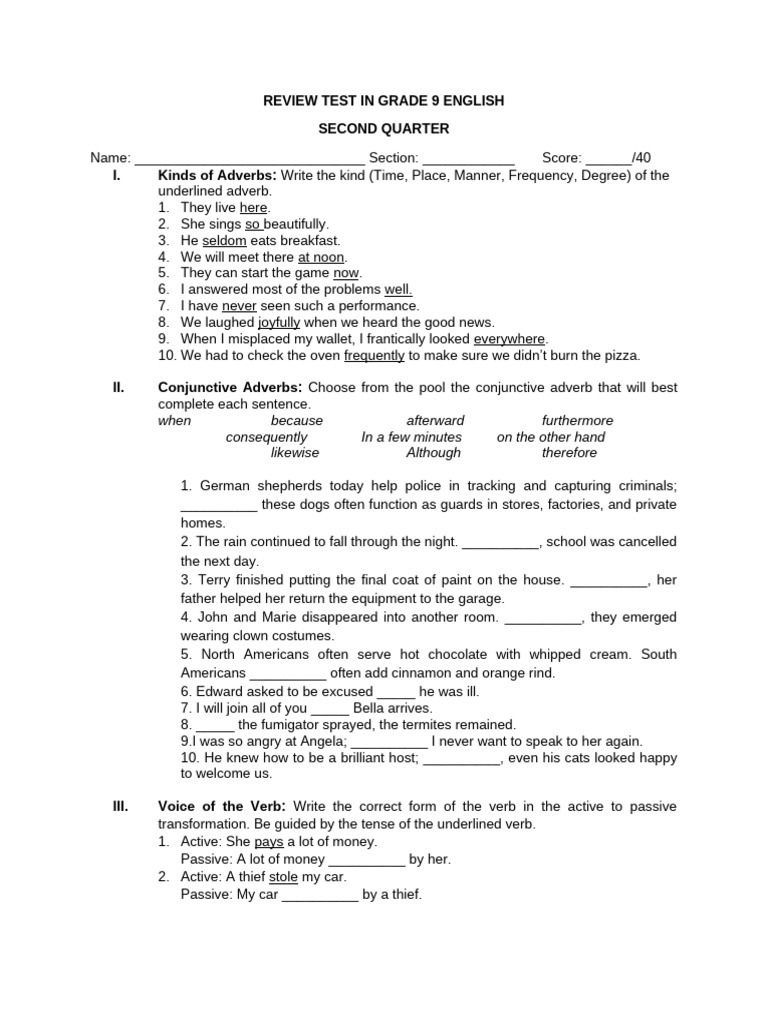 Grade 9 English Test Review | PDF