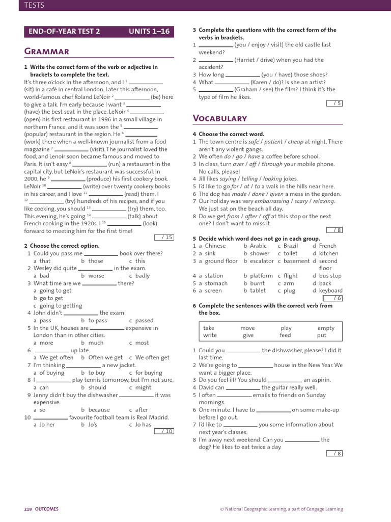 Outcomes A2 End-of-Year Test 2 | PDF