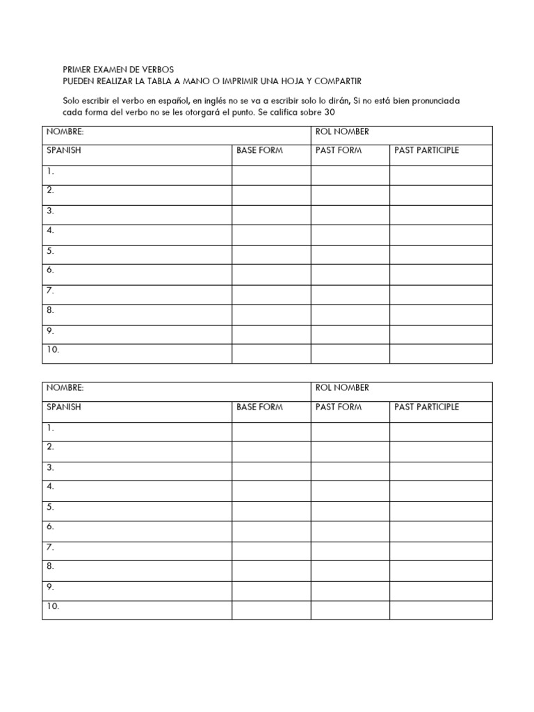 Primer Examen de Verbos | PDF