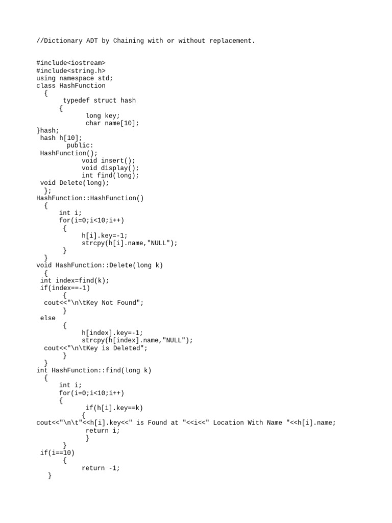ADT Chaining With Replacement | PDF | Computer Programming | C++