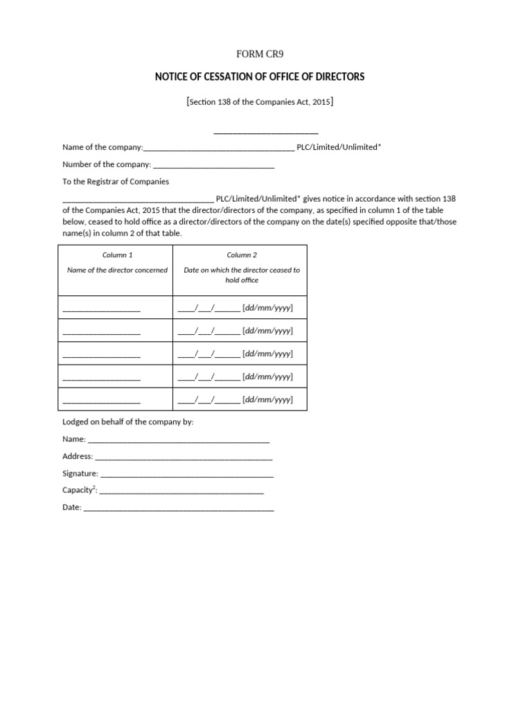 Notice of Director Cessation Form CR9 | PDF