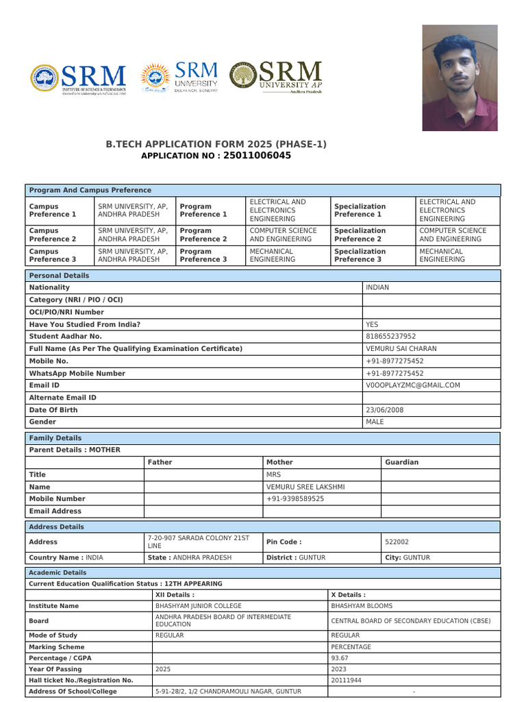 SRM B.Tech Application Form 2025 | PDF