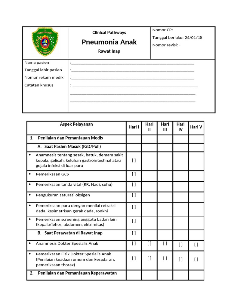 RSUD Clinical Pathway Pneumonia Anak | PDF