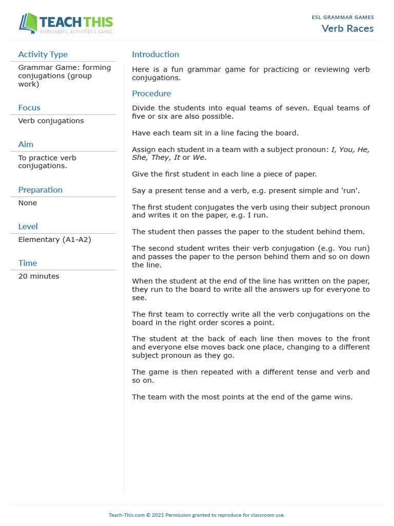 Verb Race Game for ESL Students | PDF | Grammatical Conjugation | Verb