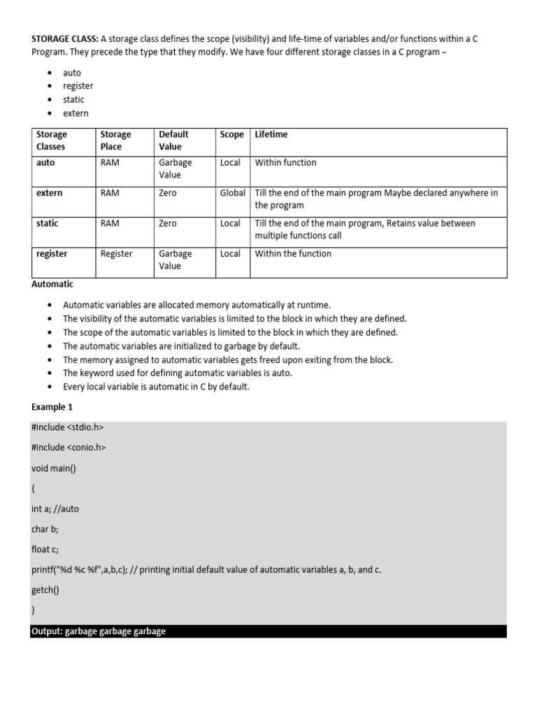 STORAGE CLASS | PDF | Variable (Computer Science) | Scope (Computer ... STORAGE CLASS | PDF | Variable (Computer Science) | Scope (Computer ...