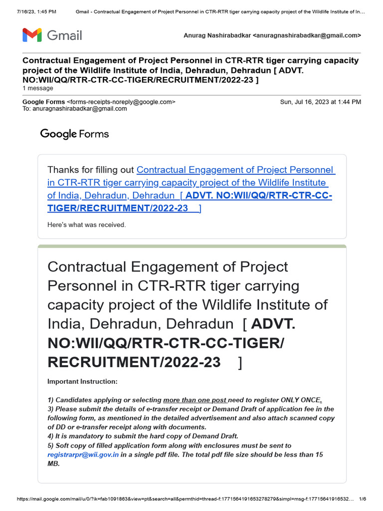 Gmail - Contractual Engagement of Project Personnel in CTR-RTR tiger carrying capacity project ...