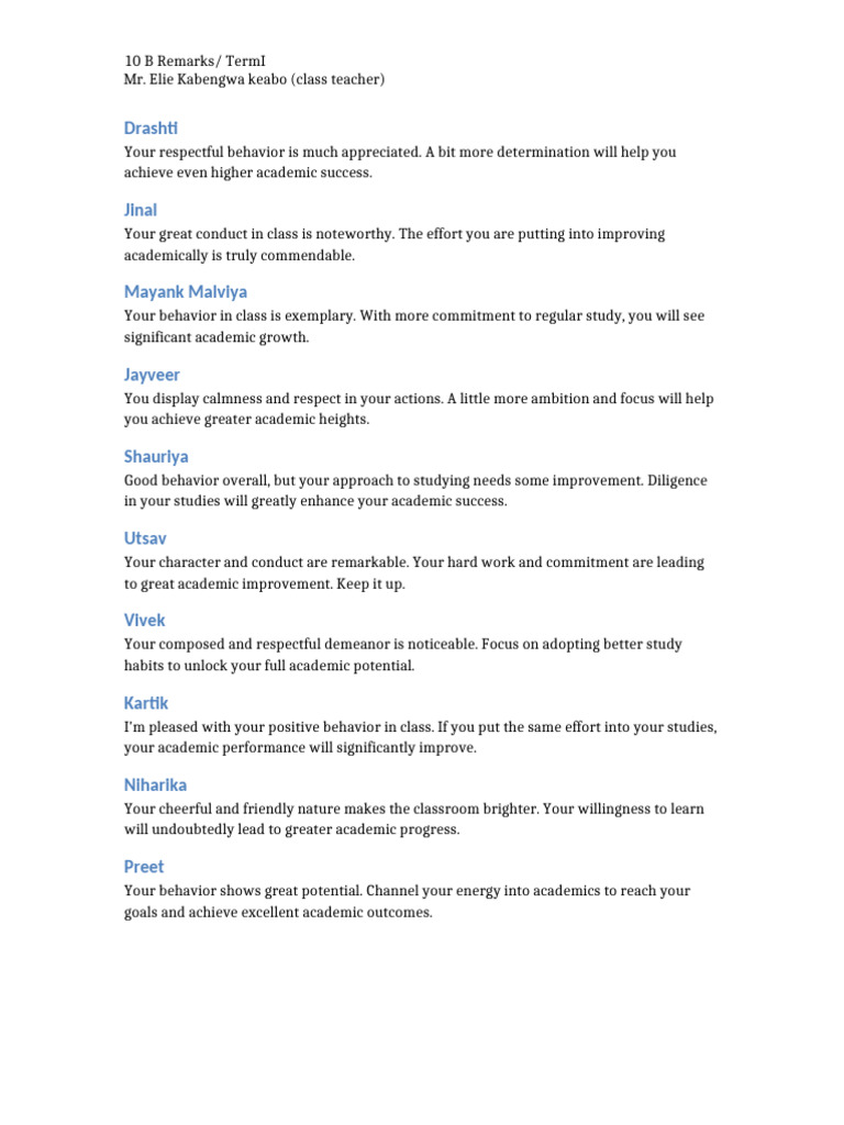 Remarks 10B Term 1 2024 | PDF | Teachers | Learning