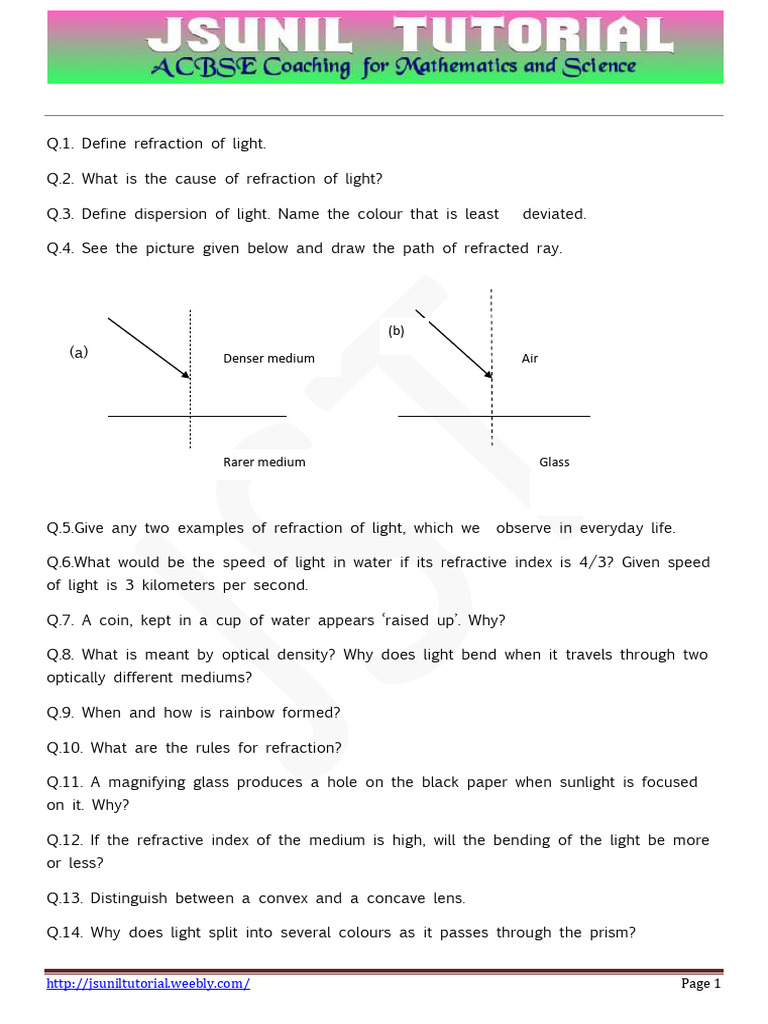 Class 8 Light and Vision Test Paper - 01 | PDF | Refraction ...