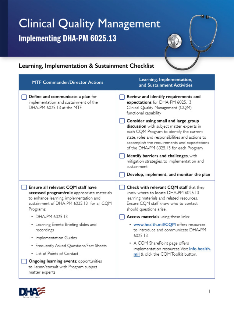 MTF Commander Director CQM Checklist | PDF | Patient Safety | Leadership