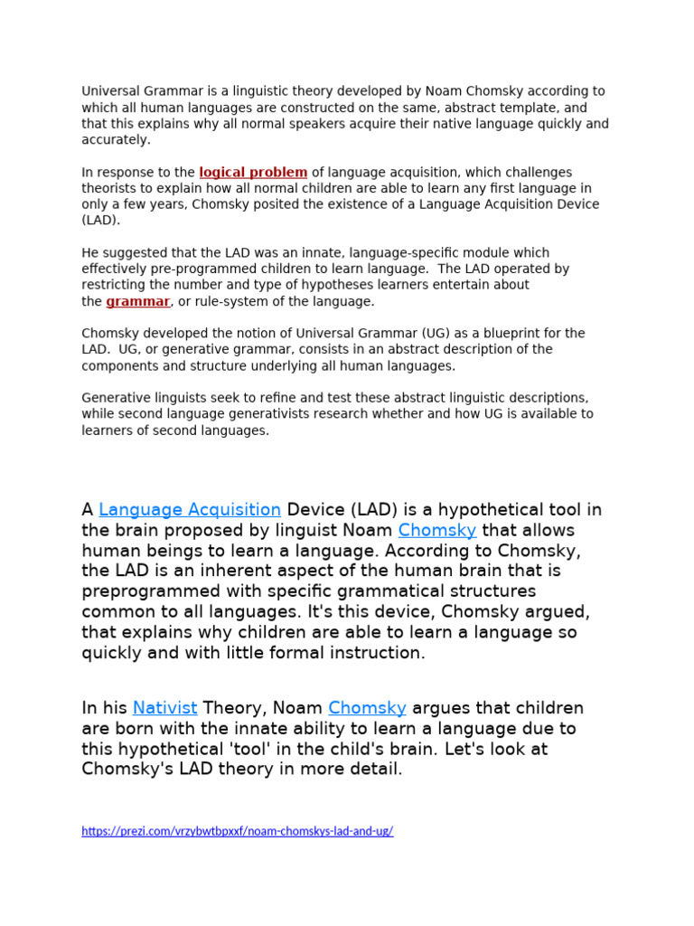 Universal Grammar is a Linguistic Theory Developed by Noam Chomsky ...