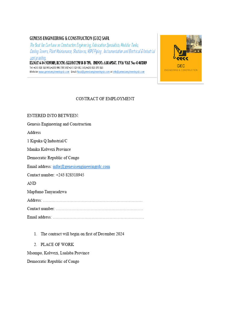 Contract of Employment 012858 | PDF | Employment | Occupational Safety ...