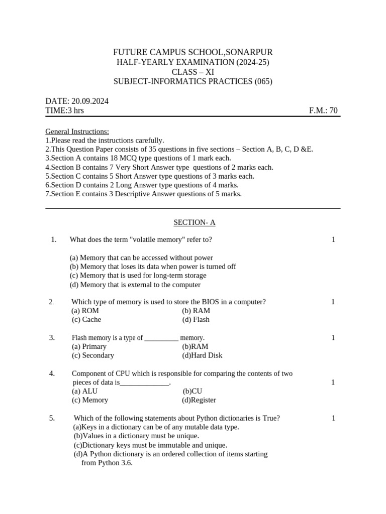 11-Ip-Half-Yearly 2024-2025 | PDF | Computer Data Storage | Random Access Memory