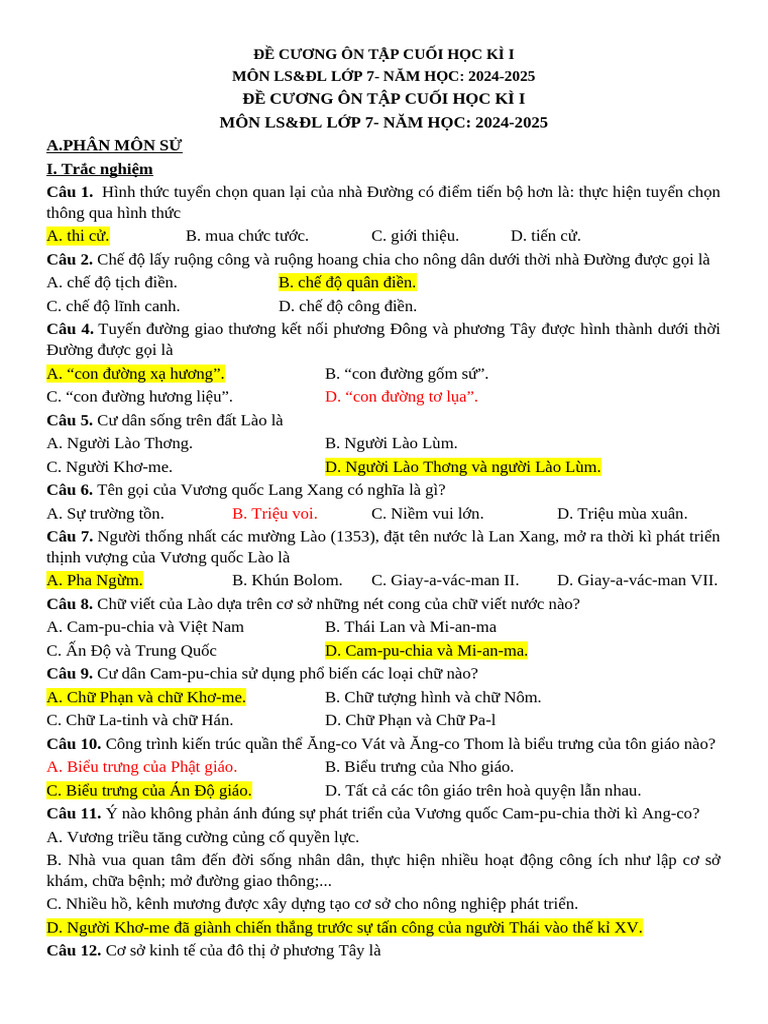 Đề cương ôn tập môn LS&ĐL 7 CKI | PDF