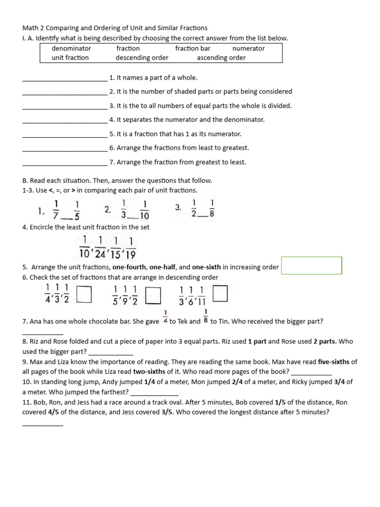 Comparing Unit Fractions and Ordering | PDF