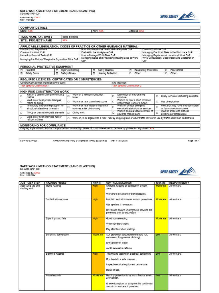 SS WHS SAF 000 Safe Work Method Statement Sand Blasting 1 | PDF ...