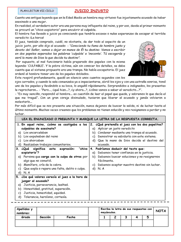 JUICIO INJUSTO Comprensión Lectora PLAN LECTOR | PDF