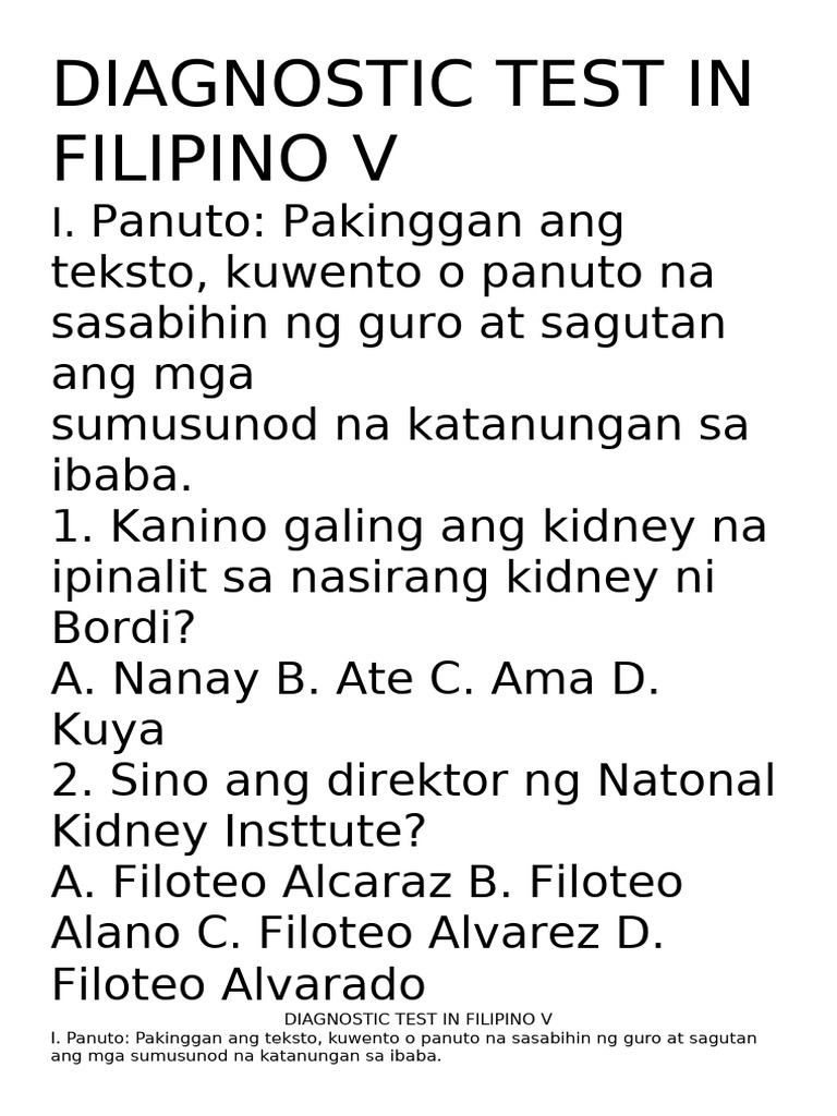 Diagnostic Test in Filipino V 2024-2025 | PDF