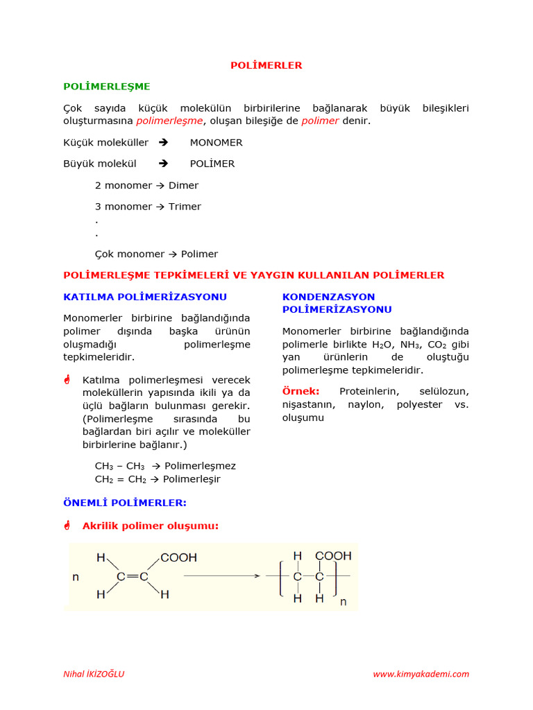KIM10 Polimerler OzetDersNotu | PDF