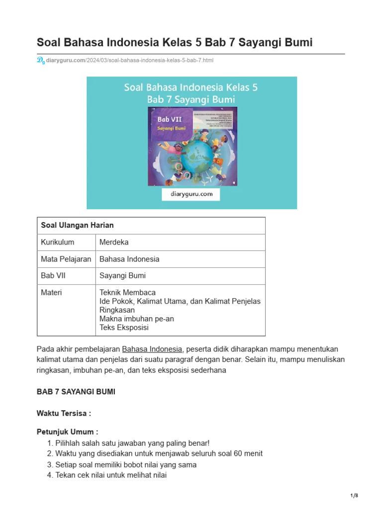 Soal Bahasa Indonesia Kelas 5 Bab 7 Sayangi Bumi | PDF